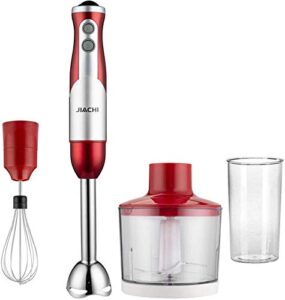 jiachi 800w variable speed immersion hand blender set includes bpa-free food chopper/egg beater/beaker, titanium coating blade, ergonomic grip detachable, comfortable silicone button, red