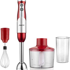 JiaChi 800W Variable Speed Immersion Hand Blender Set Includes BPA-Free Food Chopper/Egg Beater/Beaker, Titanium Coating Blade, Ergonomic Grip Detachable, Comfortable Silicone Button, Red