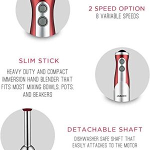 JiaChi 800W Variable Speed Immersion Hand Blender Set Includes BPA-Free Food Chopper/Egg Beater/Beaker, Titanium Coating Blade, Ergonomic Grip Detachable, Comfortable Silicone Button, Red