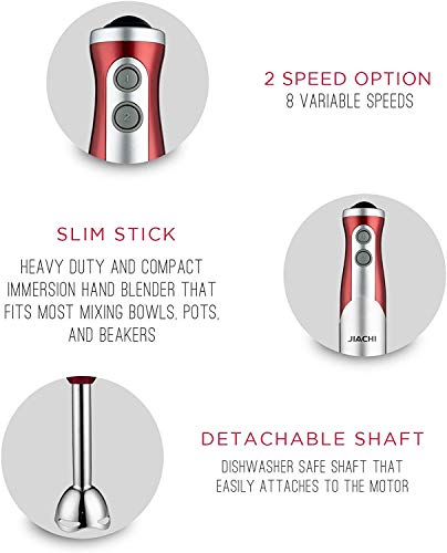 JiaChi 800W Variable Speed Immersion Hand Blender Set Includes BPA-Free Food Chopper/Egg Beater/Beaker, Titanium Coating Blade, Ergonomic Grip Detachable, Comfortable Silicone Button, Red