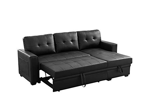 INFINI FURNISHINGS 84" Wide Sectional Sofa with Pull Out Sleeper Bed, Reversible Storage Chaise Lounge, Modern Tufted Line Design Sofabed, Faux Leather, Black