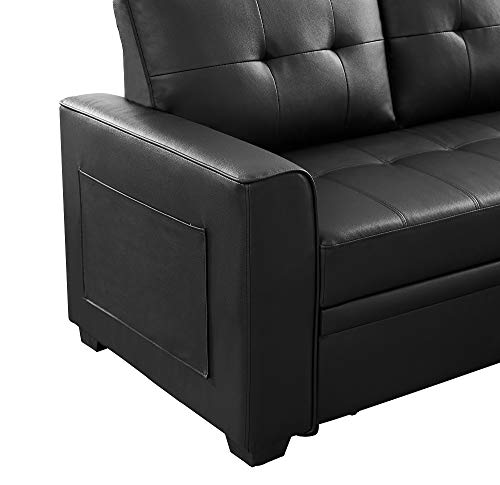 INFINI FURNISHINGS 84" Wide Sectional Sofa with Pull Out Sleeper Bed, Reversible Storage Chaise Lounge, Modern Tufted Line Design Sofabed, Faux Leather, Black