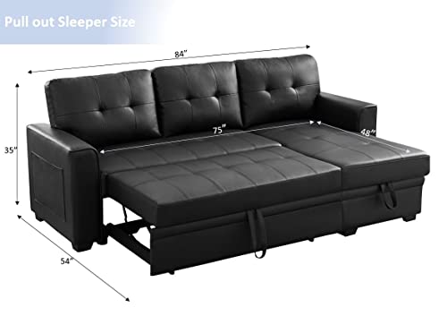 INFINI FURNISHINGS 84" Wide Sectional Sofa with Pull Out Sleeper Bed, Reversible Storage Chaise Lounge, Modern Tufted Line Design Sofabed, Faux Leather, Black