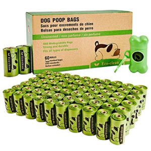 dog poop bags, 60 rolls / 900 count dog waste bags with dispenser and leash clip, unscented, extra thick and strong poop bags for dogs