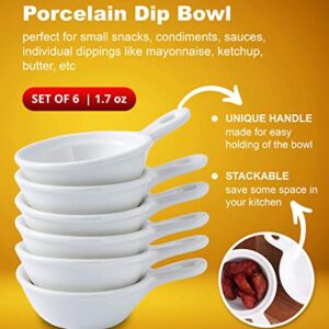 Bruntmor Set Of 6 Side Dish Porcelain Dip Bowl Set with Handle, for Soy Sauce, Ketchup, Appetizer, BBQ and Dinner, 1.7 ounce, White