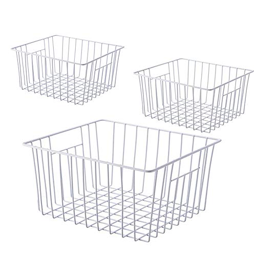 Freezer Wire Baskets, Kitchen Storage Organizer Bins for Chest and Upright Freezer, Deep Refrigerator Dividers Containers with Handles - Pearl White, Set of 3