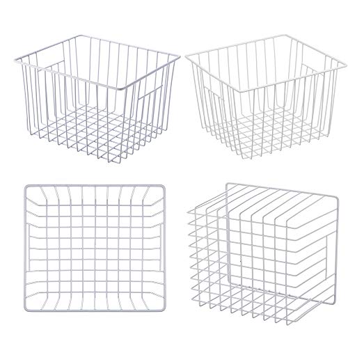 Freezer Wire Baskets, Kitchen Storage Organizer Bins for Chest and Upright Freezer, Deep Refrigerator Dividers Containers with Handles - Pearl White, Set of 3