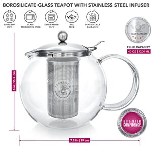 Teabloom All-in-One Glass Teapot and Tea Kettle – Heatproof Borosilicate Glass Tea Maker with Removable Stainless Steel Loose Tea Infuser – Classica Stovetop Tea Pot (40 oz)