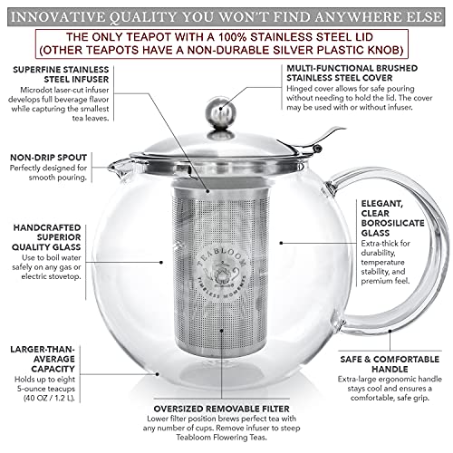 Teabloom All-in-One Glass Teapot and Tea Kettle – Heatproof Borosilicate Glass Tea Maker with Removable Stainless Steel Loose Tea Infuser – Classica Stovetop Tea Pot (40 oz)