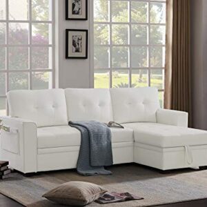 INFINI FURNISHINGS PU Sofa & Chaise 84" Wide Sectional Sofa with Pull Out Sleeper Bed, Reversible Storage Chaise Lounge, Modern Tufted Line Faux Leather Design Sofabed, White