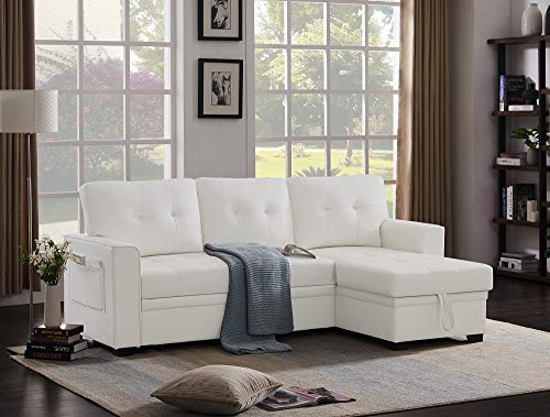 INFINI FURNISHINGS PU Sofa & Chaise 84" Wide Sectional Sofa with Pull Out Sleeper Bed, Reversible Storage Chaise Lounge, Modern Tufted Line Faux Leather Design Sofabed, White