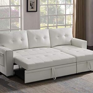 INFINI FURNISHINGS PU Sofa & Chaise 84" Wide Sectional Sofa with Pull Out Sleeper Bed, Reversible Storage Chaise Lounge, Modern Tufted Line Faux Leather Design Sofabed, White