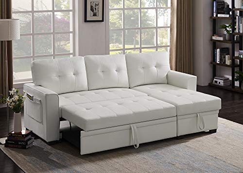 INFINI FURNISHINGS PU Sofa & Chaise 84" Wide Sectional Sofa with Pull Out Sleeper Bed, Reversible Storage Chaise Lounge, Modern Tufted Line Faux Leather Design Sofabed, White