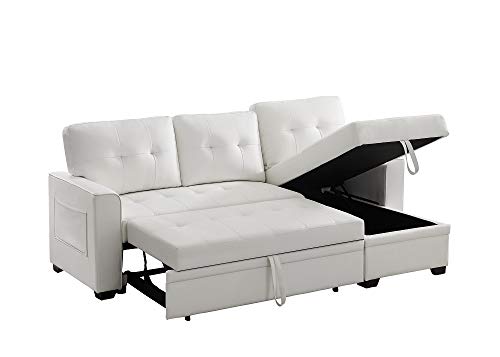 INFINI FURNISHINGS PU Sofa & Chaise 84" Wide Sectional Sofa with Pull Out Sleeper Bed, Reversible Storage Chaise Lounge, Modern Tufted Line Faux Leather Design Sofabed, White