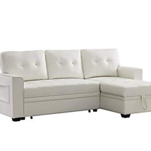 INFINI FURNISHINGS PU Sofa & Chaise 84" Wide Sectional Sofa with Pull Out Sleeper Bed, Reversible Storage Chaise Lounge, Modern Tufted Line Faux Leather Design Sofabed, White