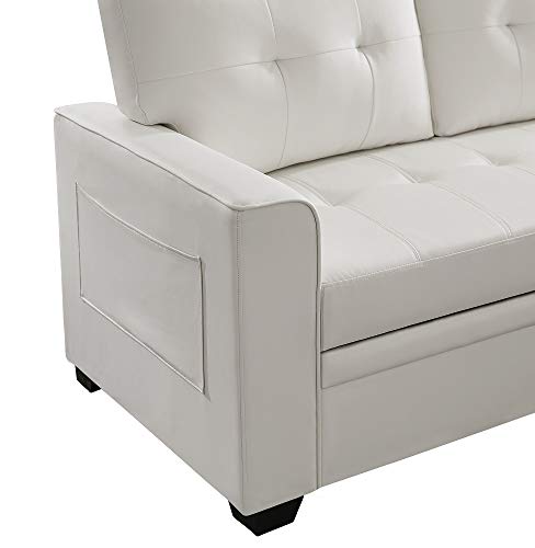 INFINI FURNISHINGS PU Sofa & Chaise 84" Wide Sectional Sofa with Pull Out Sleeper Bed, Reversible Storage Chaise Lounge, Modern Tufted Line Faux Leather Design Sofabed, White