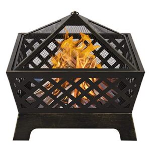 douup 26" extra deep fire pit backyard patio garden stove wood burning fireplace w/long fire poker,mesh lid,rain cover