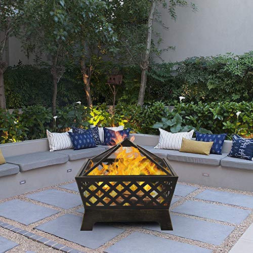 Douup 26" Extra Deep Fire Pit Backyard Patio Garden Stove Wood Burning Fireplace W/Long Fire Poker,Mesh Lid,Rain Cover