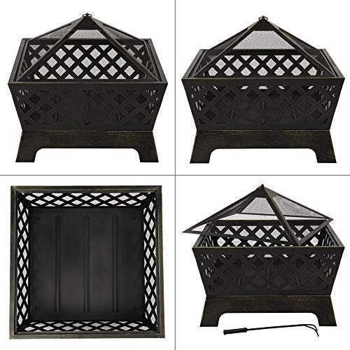 Douup 26" Extra Deep Fire Pit Backyard Patio Garden Stove Wood Burning Fireplace W/Long Fire Poker,Mesh Lid,Rain Cover