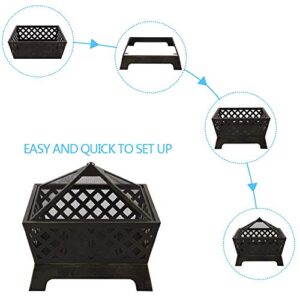 Douup 26" Extra Deep Fire Pit Backyard Patio Garden Stove Wood Burning Fireplace W/Long Fire Poker,Mesh Lid,Rain Cover