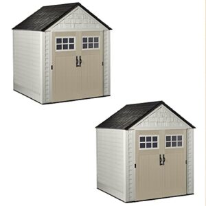 rubbermaid 7x7 ft durable weatherproof resin outdoor storage shed for garden tool and lawn machinery organization, sandstone (2 pack)