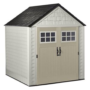 Rubbermaid 7x7 Ft Durable Weatherproof Resin Outdoor Storage Shed for Garden Tool and Lawn Machinery Organization, Sandstone (2 Pack)