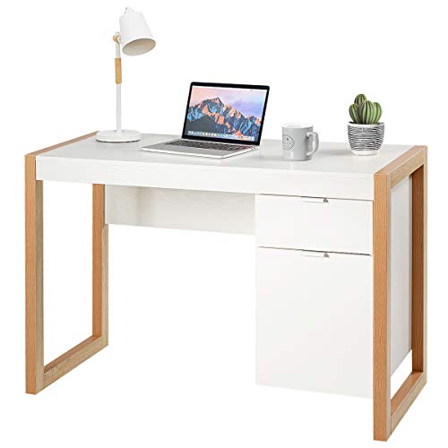 Tangkula White Desk with Drawer & Cabinet, Wooden Home Office Desk, PC Laptop Workstation Study Writing Desk, Ideal for Bedroom Home Office (White & Natural)