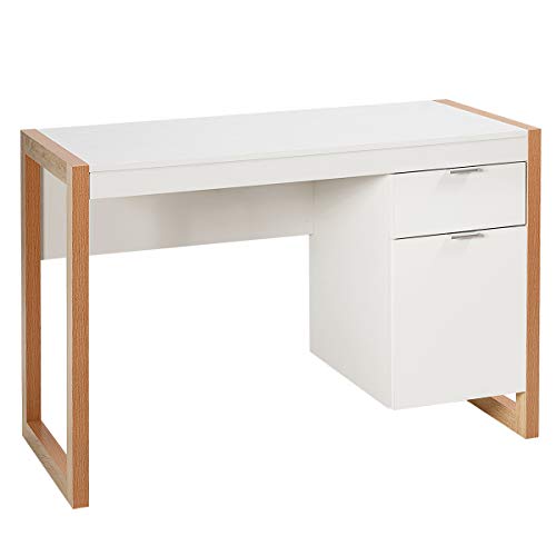 Tangkula White Desk with Drawer & Cabinet, Wooden Home Office Desk, PC Laptop Workstation Study Writing Desk, Ideal for Bedroom Home Office (White & Natural)