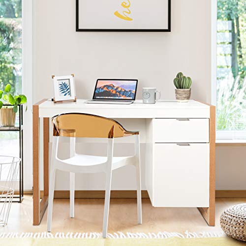 Tangkula White Desk with Drawer & Cabinet, Wooden Home Office Desk, PC Laptop Workstation Study Writing Desk, Ideal for Bedroom Home Office (White & Natural)