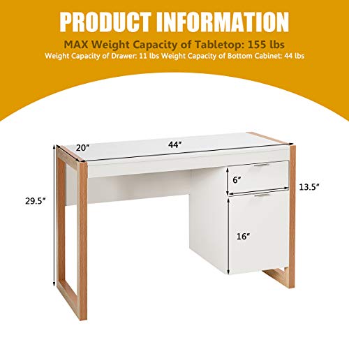 Tangkula White Desk with Drawer & Cabinet, Wooden Home Office Desk, PC Laptop Workstation Study Writing Desk, Ideal for Bedroom Home Office (White & Natural)