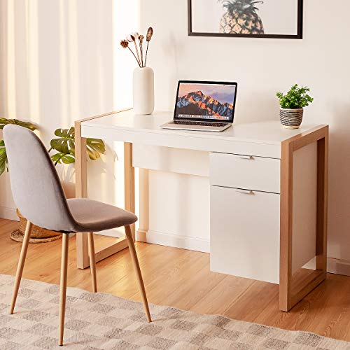 Tangkula White Desk with Drawer & Cabinet, Wooden Home Office Desk, PC Laptop Workstation Study Writing Desk, Ideal for Bedroom Home Office (White & Natural)