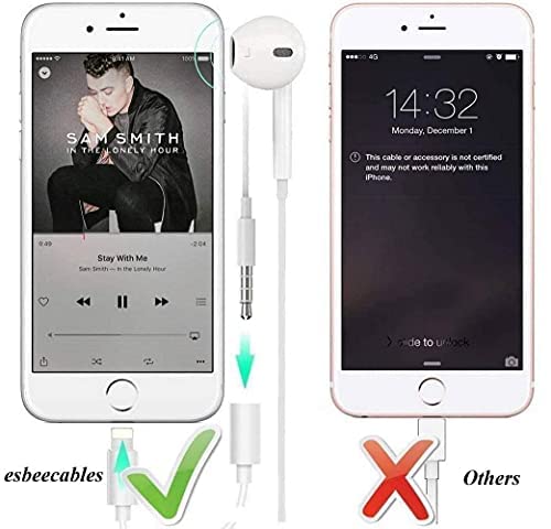 esbeecables 2 Pack for iPhone 3.5mm Headphones Adapter, Apple MFi Certified Lightning to 3.5mm Earphones/Headphones Jack Aux Audio Adapter Dongle for iPhone 14/13/12/11/XS/XR/X/8/7/SE, Support All iOS