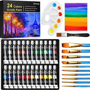 Emooqi Acrylic Paint Set, 24 Rich Paint Colors, with 11 Art Brushes, Paint Palette & Painting Canvas - Quick Dry Paints for Hobby Painters & Kids, Great for Canvas Wood Rock Ceramic Painting.