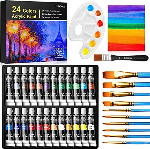 Emooqi Acrylic Paint Set, 24 Rich Paint Colors, with 11 Art Brushes, Paint Palette & Painting Canvas - Quick Dry Paints for Hobby Painters & Kids, Great for Canvas Wood Rock Ceramic Painting.