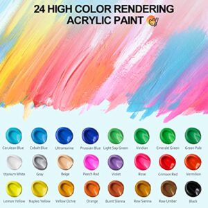 Emooqi Acrylic Paint Set, 24 Rich Paint Colors, with 11 Art Brushes, Paint Palette & Painting Canvas - Quick Dry Paints for Hobby Painters & Kids, Great for Canvas Wood Rock Ceramic Painting.