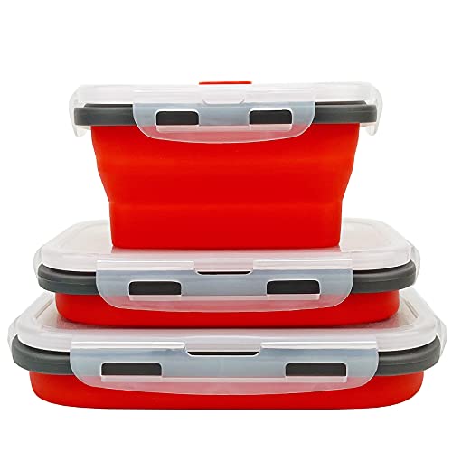 CARTINTS Set of 3 Collapsible Silicone lunch Container, Collapsible Food Containers Set, Food Grade Reusable Meal Prep Containers, Microwave freezer Safe, Red 350ml-500ml-800ml