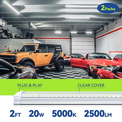 Monios-L LED Shop Light 2FT 5000K 20W, Linkable Utility Ceiling Lights,V-Shaped 2500lm Daylight,T8 Integrated Fixtures LEDs Tubes, Garage Lighting for Workshop,Work Bench,Basement,Plug & Play 2-Pack