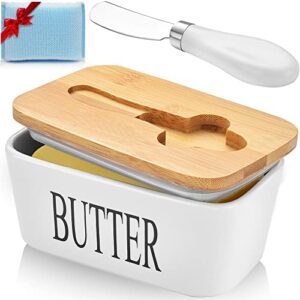 large butter dish,ceramic butter dish with lid and knife, butter keeper double silicone seals, easy clean, butter dishes with covers perfect for 2 sticks of butter west or east coast butter, white