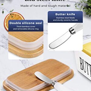 Large Butter Dish,Ceramic Butter Dish with lid and knife, Butter Keeper Double Silicone Seals, Easy Clean, Butter Dishes with Covers Perfect for 2 Sticks of Butter West or East Coast Butter, White