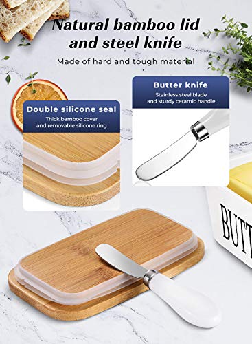 Large Butter Dish,Ceramic Butter Dish with lid and knife, Butter Keeper Double Silicone Seals, Easy Clean, Butter Dishes with Covers Perfect for 2 Sticks of Butter West or East Coast Butter, White