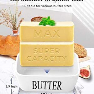 Large Butter Dish,Ceramic Butter Dish with lid and knife, Butter Keeper Double Silicone Seals, Easy Clean, Butter Dishes with Covers Perfect for 2 Sticks of Butter West or East Coast Butter, White