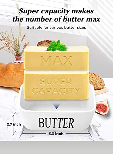 Large Butter Dish,Ceramic Butter Dish with lid and knife, Butter Keeper Double Silicone Seals, Easy Clean, Butter Dishes with Covers Perfect for 2 Sticks of Butter West or East Coast Butter, White