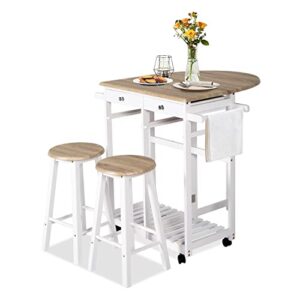 Drop Leaf Breakfast Table Space Saving Dining Table Island Table for Kitchen with Chairs Breakfast Cart with Stools