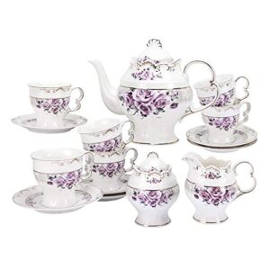 fanquare 15 piece porcelain tea set for adults, wedding tea service, large british teapot with cups, purple rose