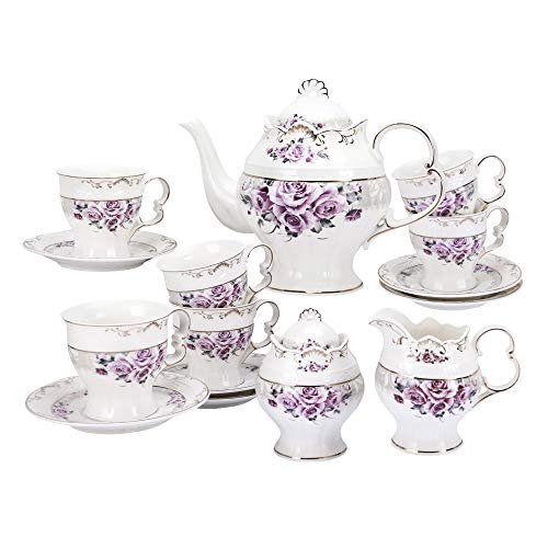 fanquare 15 Piece Porcelain Tea Set for Adults, Wedding Tea Service, Large British Teapot with Cups, Purple Rose