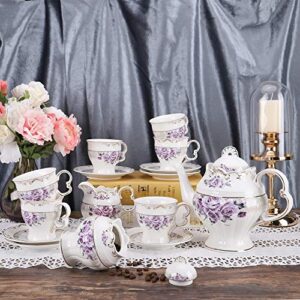 fanquare 15 Piece Porcelain Tea Set for Adults, Wedding Tea Service, Large British Teapot with Cups, Purple Rose