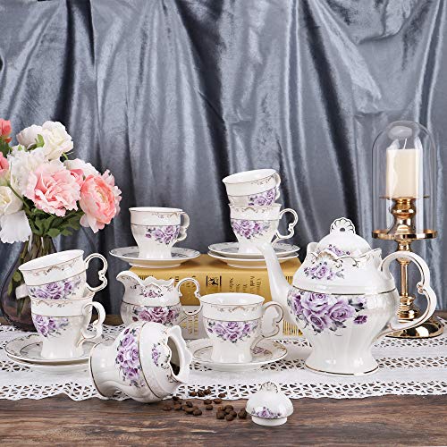 fanquare 15 Piece Porcelain Tea Set for Adults, Wedding Tea Service, Large British Teapot with Cups, Purple Rose