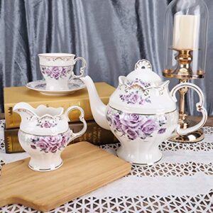 fanquare 15 Piece Porcelain Tea Set for Adults, Wedding Tea Service, Large British Teapot with Cups, Purple Rose