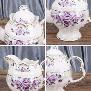 fanquare 15 Piece Porcelain Tea Set for Adults, Wedding Tea Service, Large British Teapot with Cups, Purple Rose