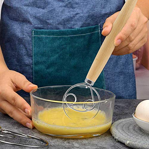 KUFUNG Danish Dough Whisk, Stainless Steel Dutch Bread Mixer, Blender Admixer for Cake Dessert Bread Pizza Pastry Food - Perfect Baking Tool (Hardwood, L)